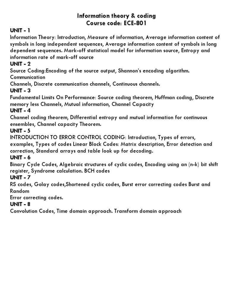 Information Theory & Coding Course Code: ECE-801: Unit - 1 | PDF | Code | Computer Network