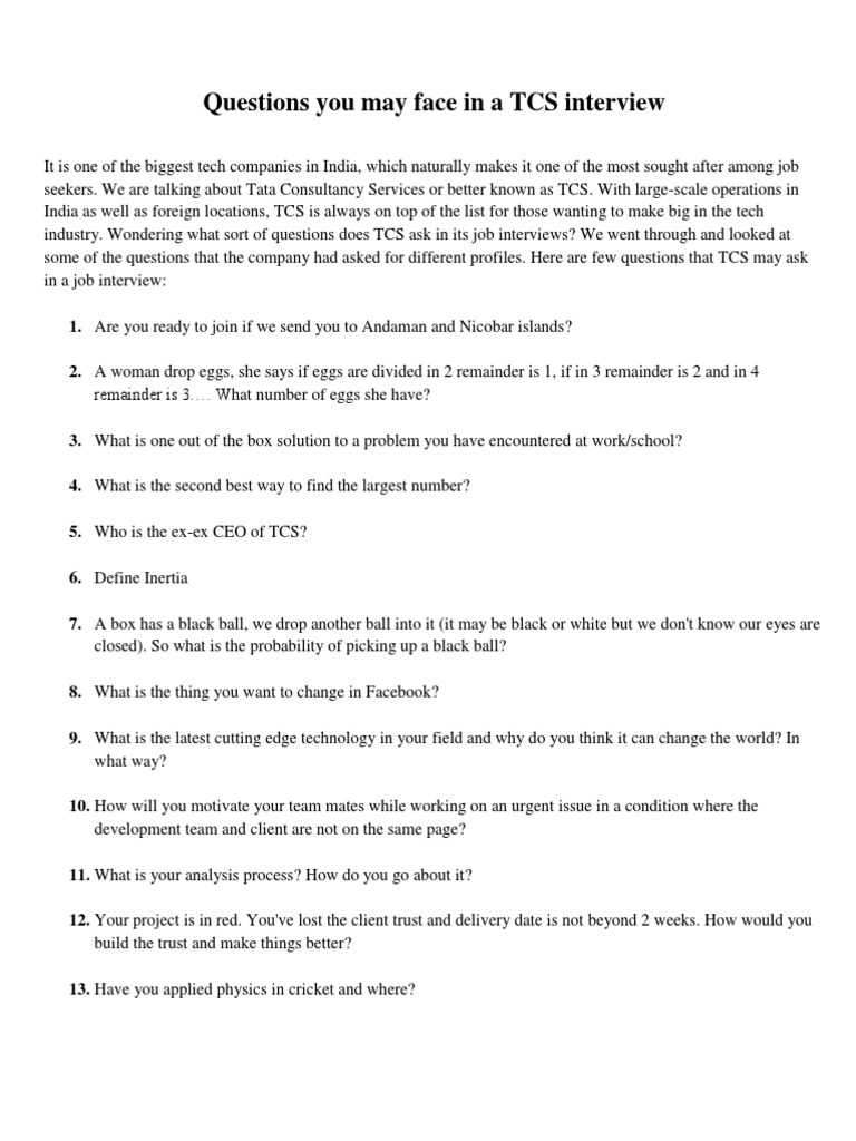 30 Questions You May Face in A TCS Interview | PDF | Business