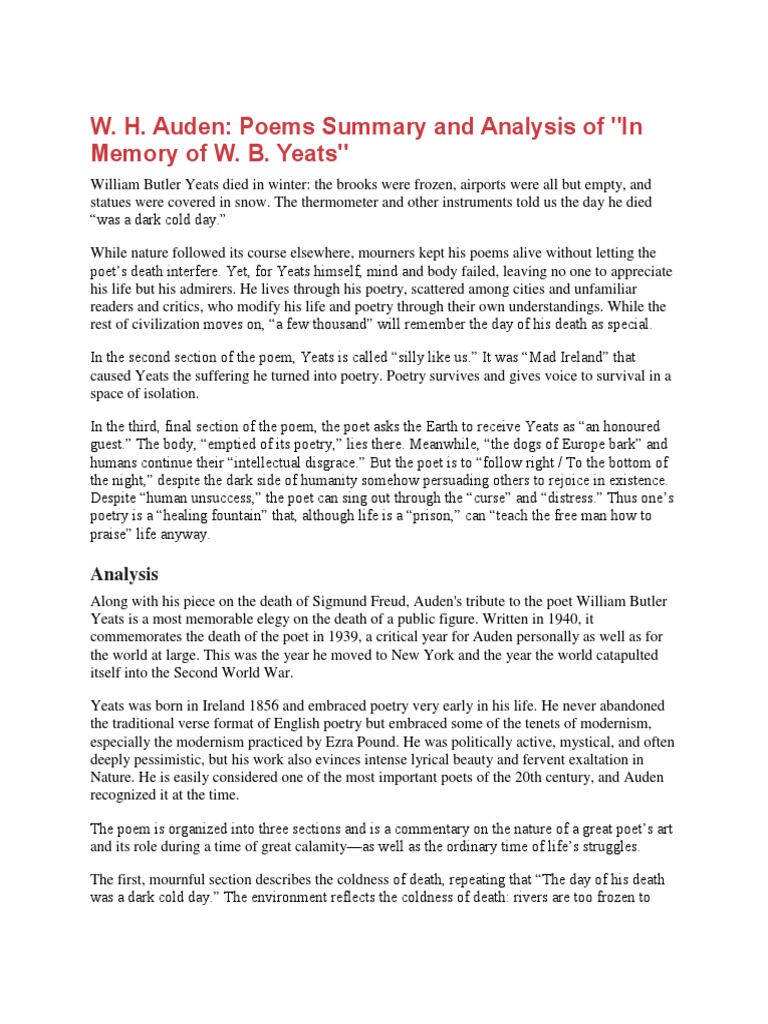 In Memory of WB Yeats | PDF | W. B. Yeats | Poetry