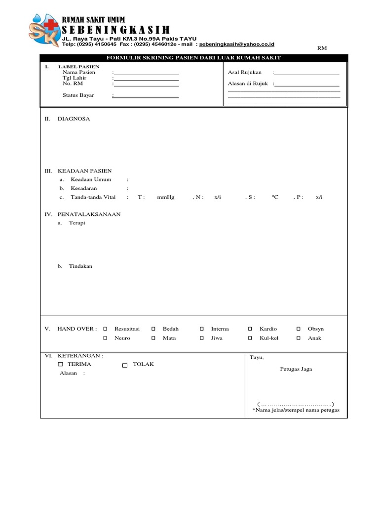 Form. Skrining Pasien Dari Luar RS | PDF
