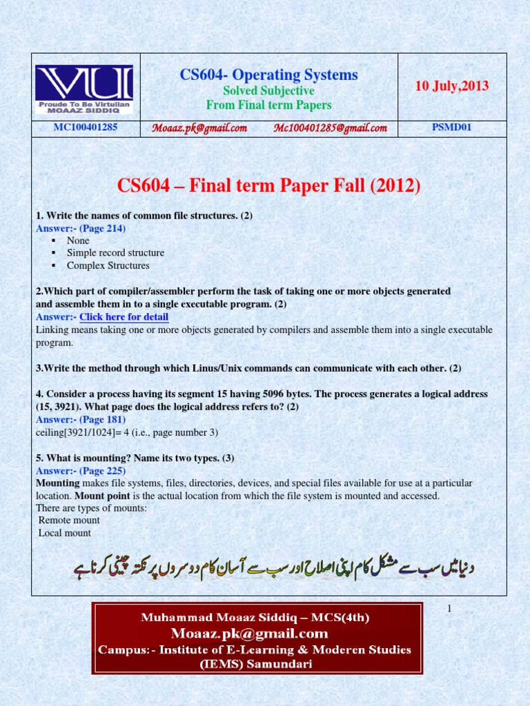 CS604 Operating Systems 2012 Final Term Questions Answers Solved With References by Moaaz | PDF ...