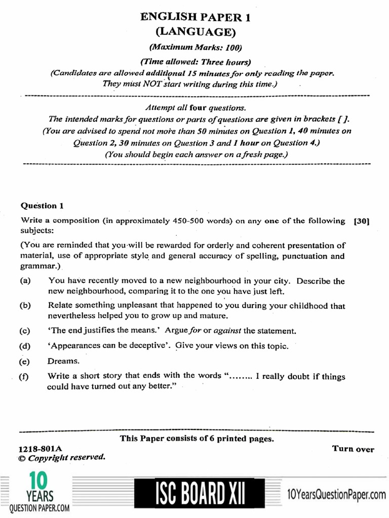 ISC 2018 English Paper 1 Class XII | PDF