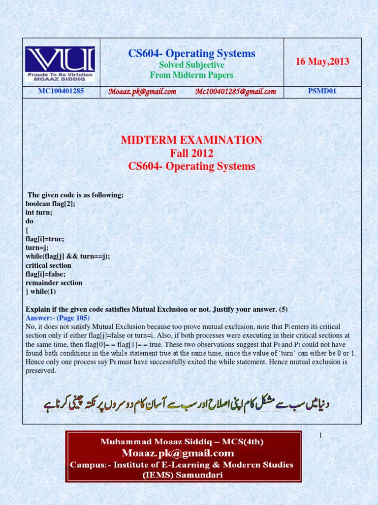 Cs604 Operating Systems 2012 Mid Term Questions Answers Solved With References By Moaaz Pdf