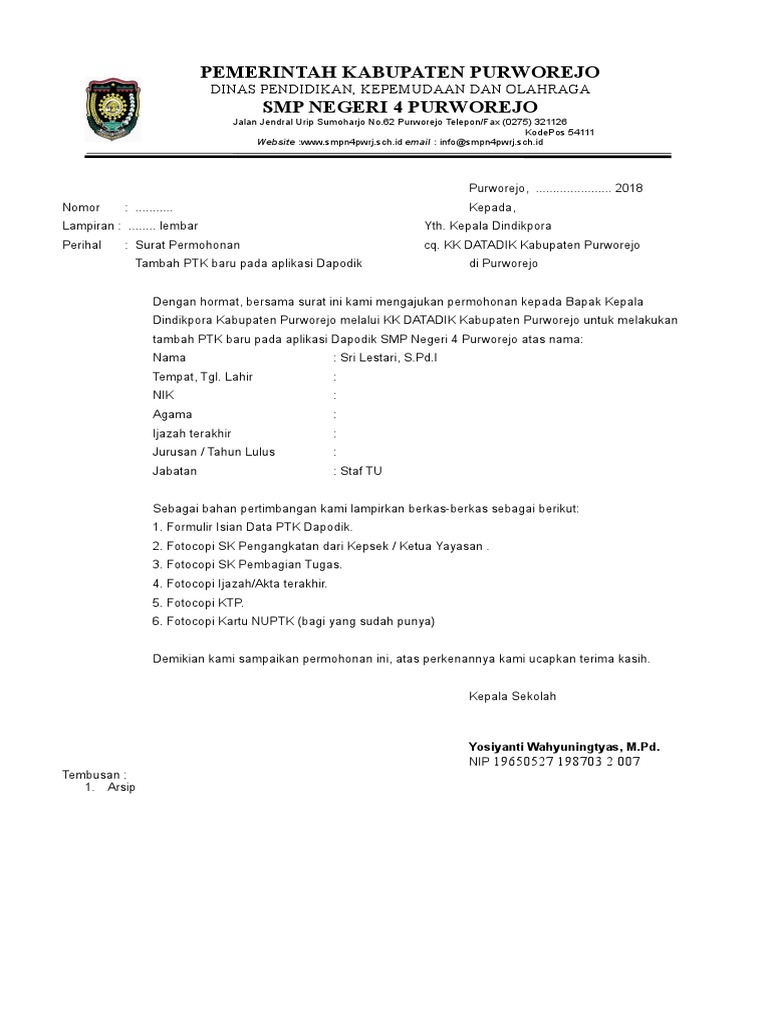 Format Surat Penambahan PTK Baru Di Dapodik | PDF Format Surat Penambahan PTK Baru Di Dapodik | PDF