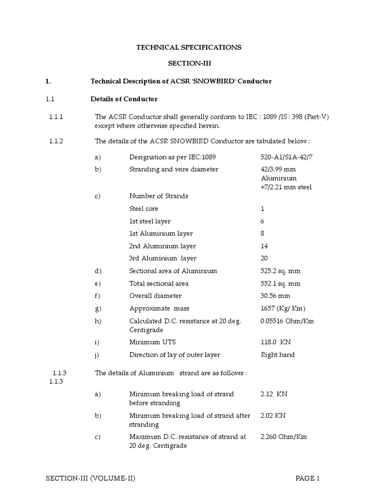 Technical Specifications for ACSR Snowbird Conductor | PDF | Wire ...