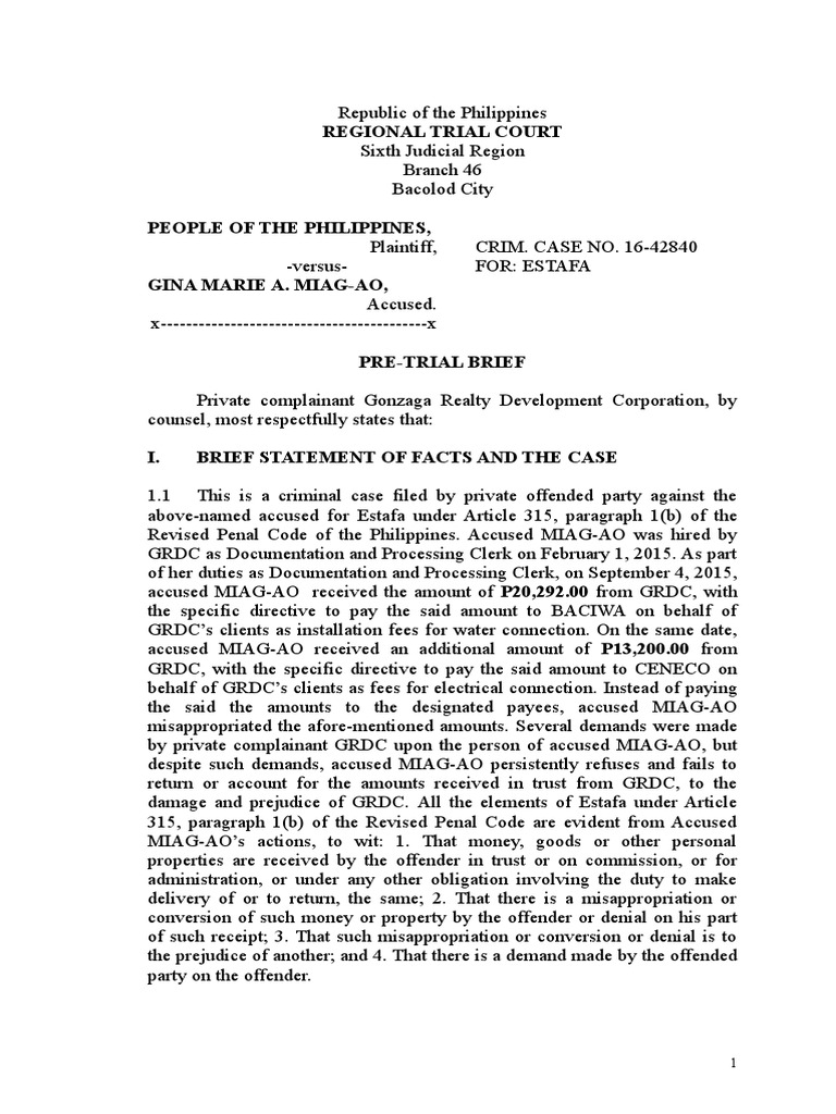 Sample Pre-Trial Brief - Criminal Case For Estafa | PDF | Fraud ...