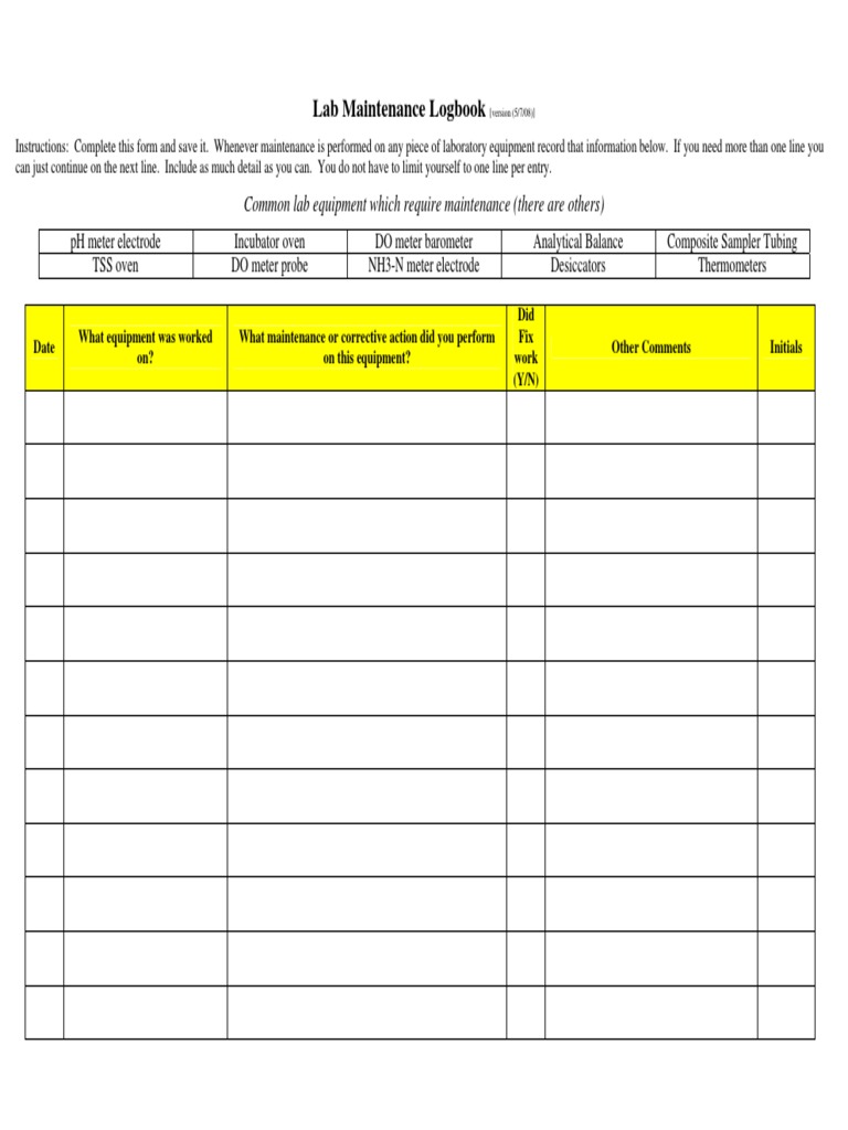 Lab Maintenance Logbook: Common Lab Equipment Which Require Maintenance ...