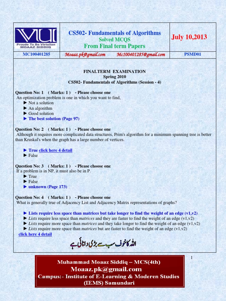 CS502 Fundamentals of Algorithms 2013 Final Term Mcqs Solved With References by Moaaz | PDF ...