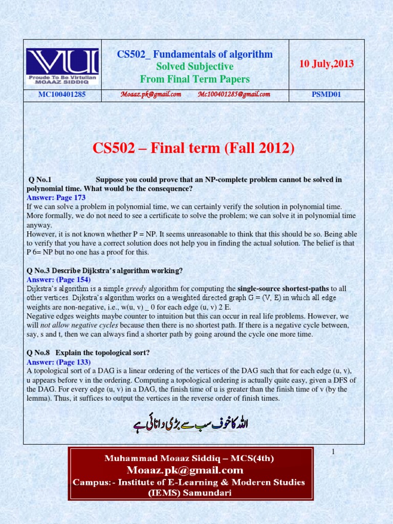 CS502 Fundamentals of Algorithms 2013 Final Term Questions Answers Solved With References by ...