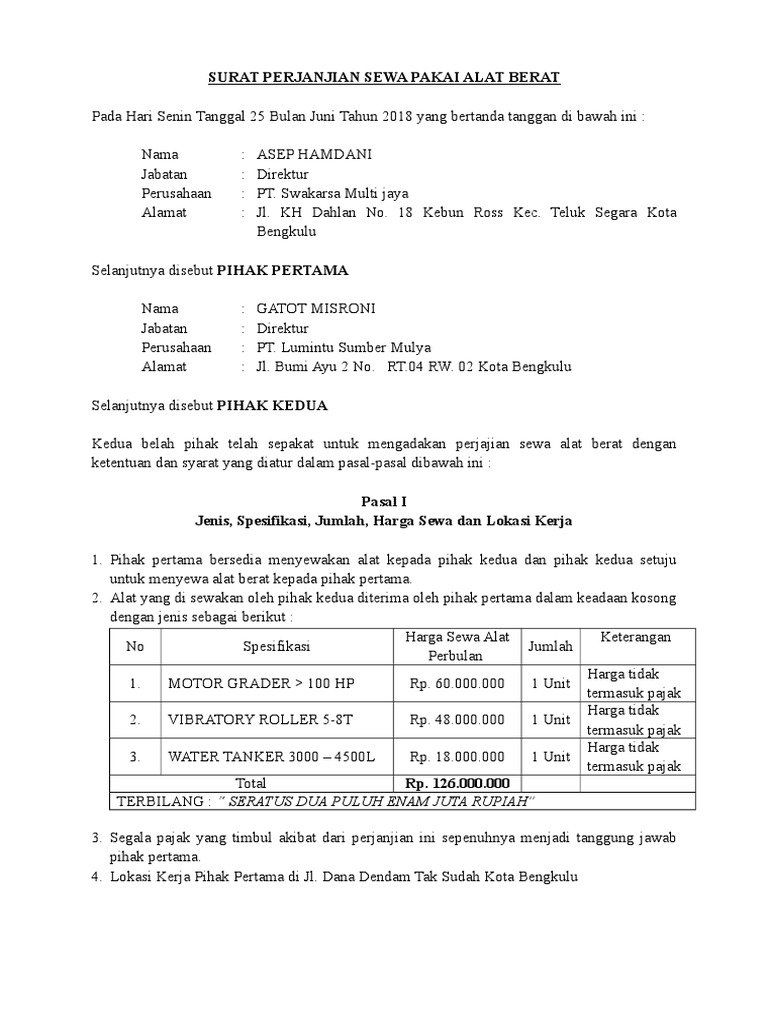 Surat Perjanjian Sewa Pakai Alat Berat | PDF