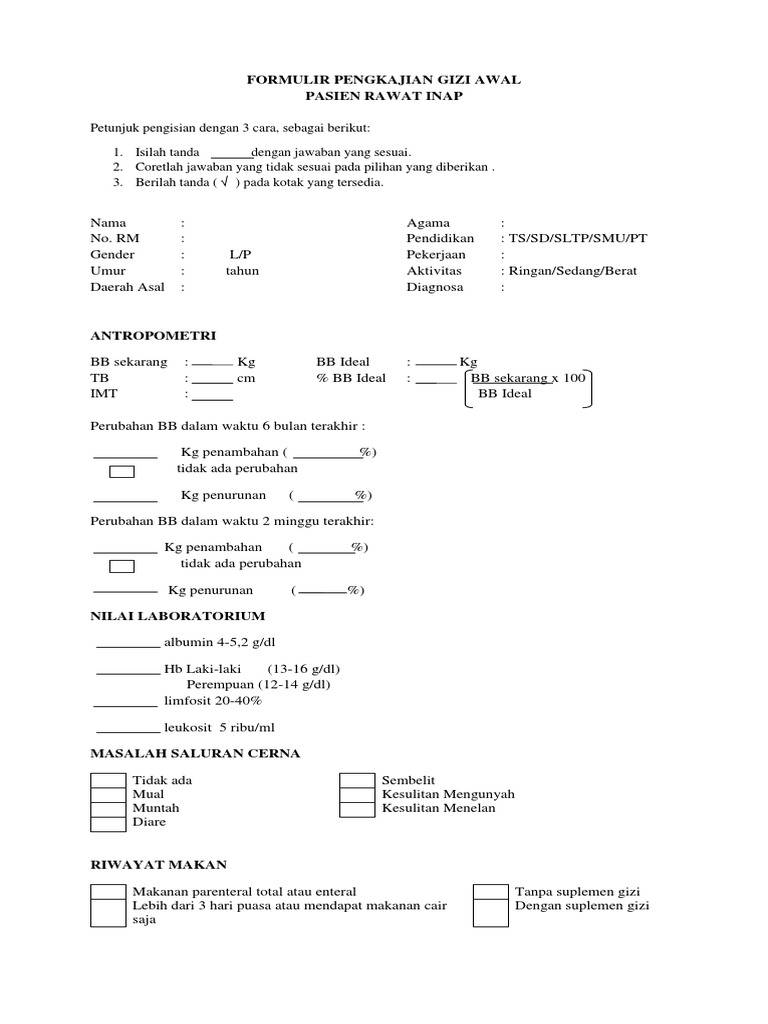 Formulir Pengkajian Gizi Awal Pasien Rawat Inap | PDF | Kesehatan Holistik