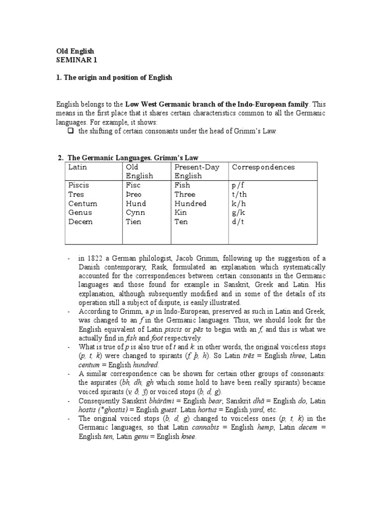 Old English Seminar 1 1. The Origin and Position of English | PDF ...