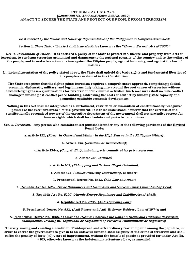 RA 9372 Human Security Act | PDF | Arrest | Detention (Imprisonment)