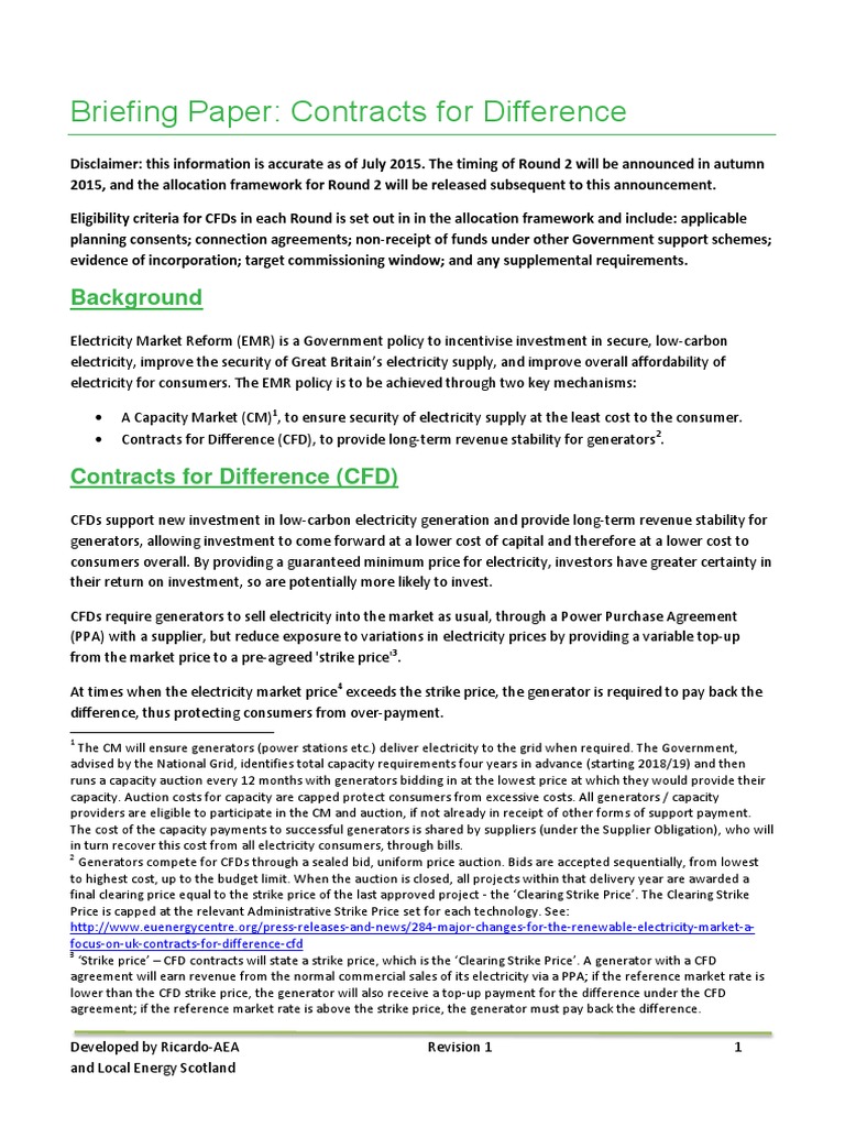 CARES Briefing Paper Contracts For Difference V1 | PDF | Contract For ...