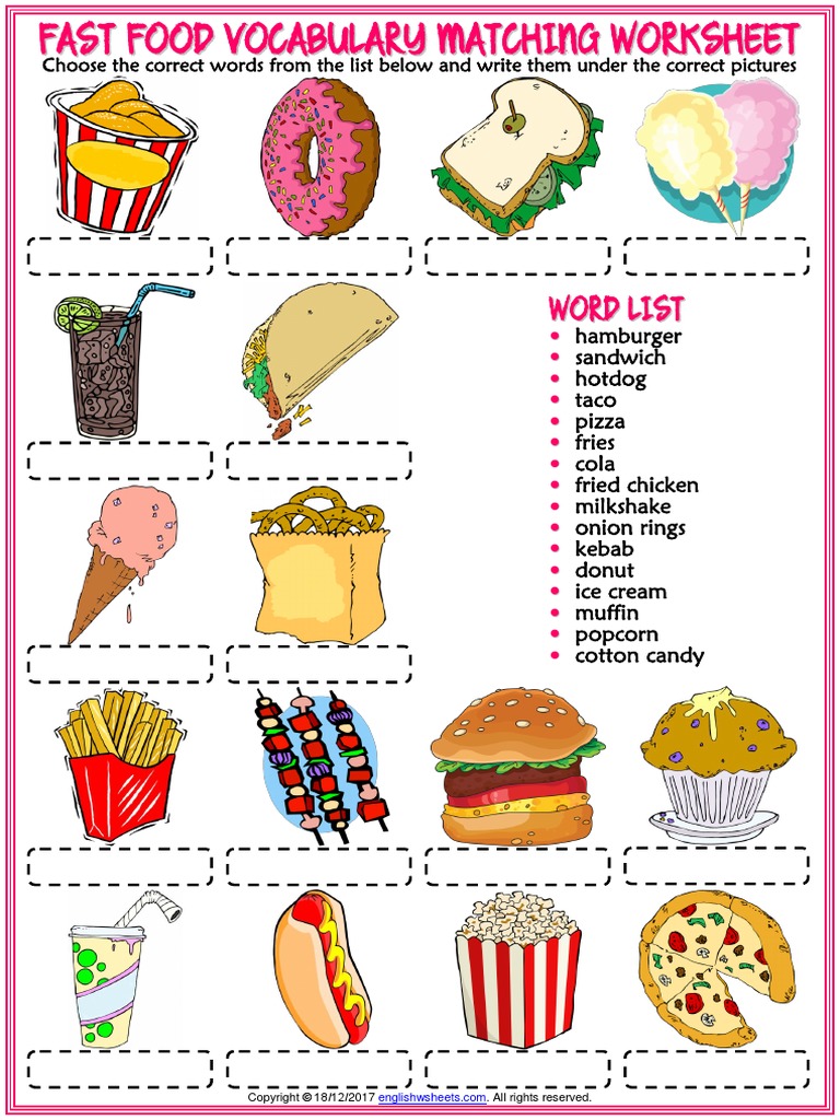Fast Food Vocabulary Esl Matching Exercise Worksheet For Kids | PDF ...