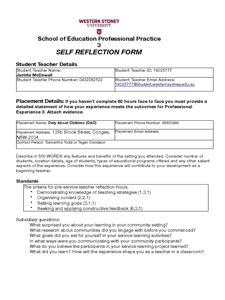 pp3 Self Reflection Form-2 | PDF | Service Learning | Teachers