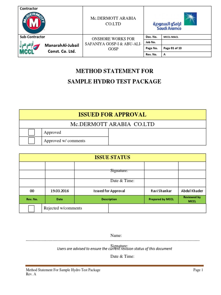 Hydro Test Package Method Statement | PDF | Calibration ...