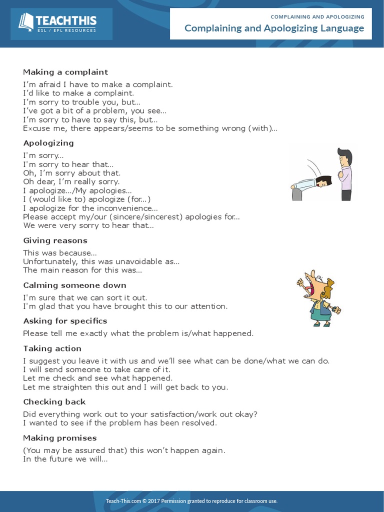 Complaining and Apologizing Useful Language | PDF | Language Arts ...