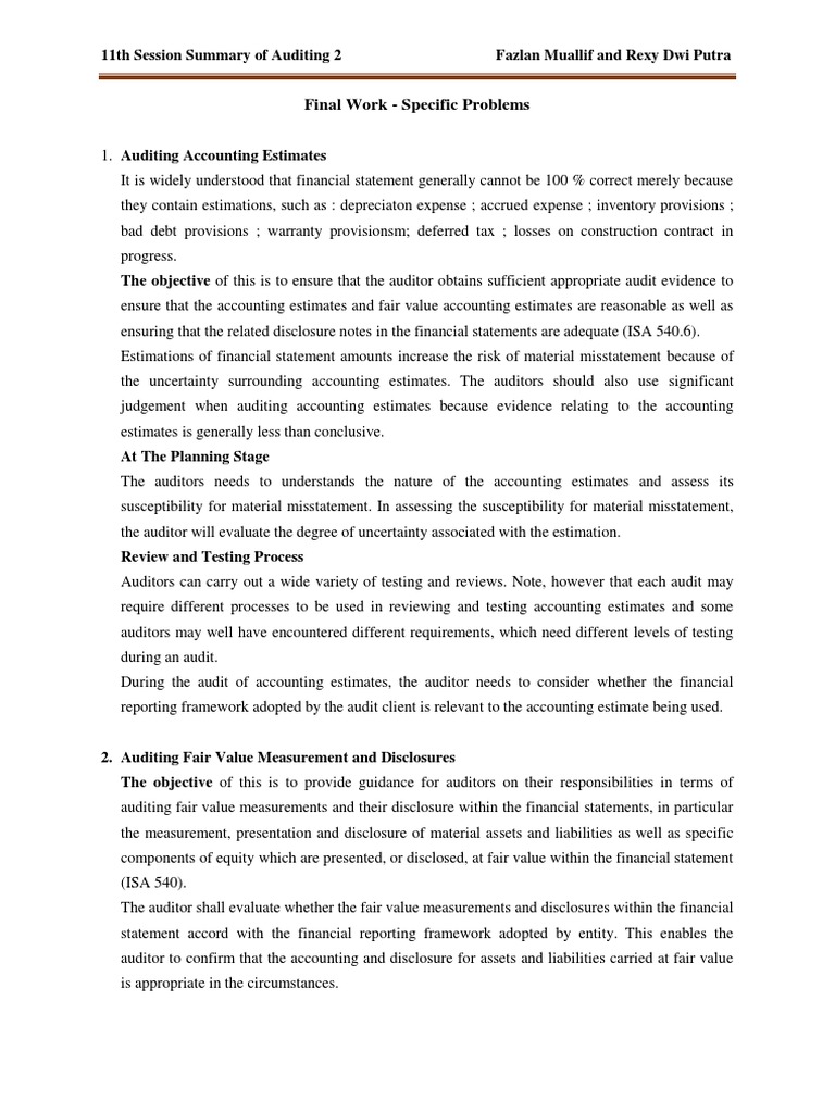 The Audit Process - Final Work Specific Problems | PDF | Inventory | Fair Value