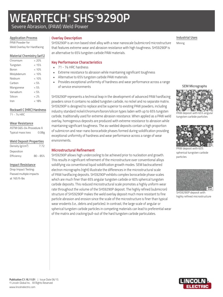 Weartech SHS 9290P: Severe Abrasion, (PAW) Weld Power | PDF | Wear ...