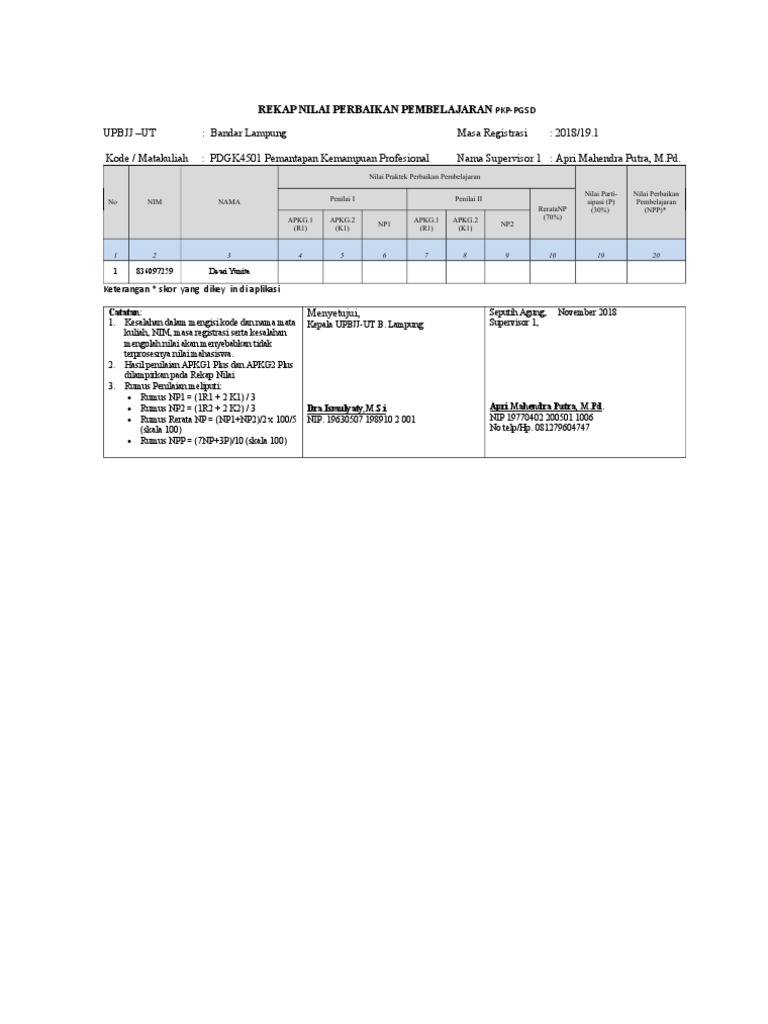 Rekap Nilai Perbaikan Pembelajaran PKP | PDF