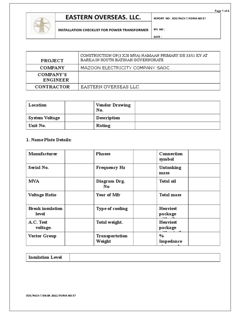 57-Power Transformer Installation Checklist | Transformer | Electrical ...
