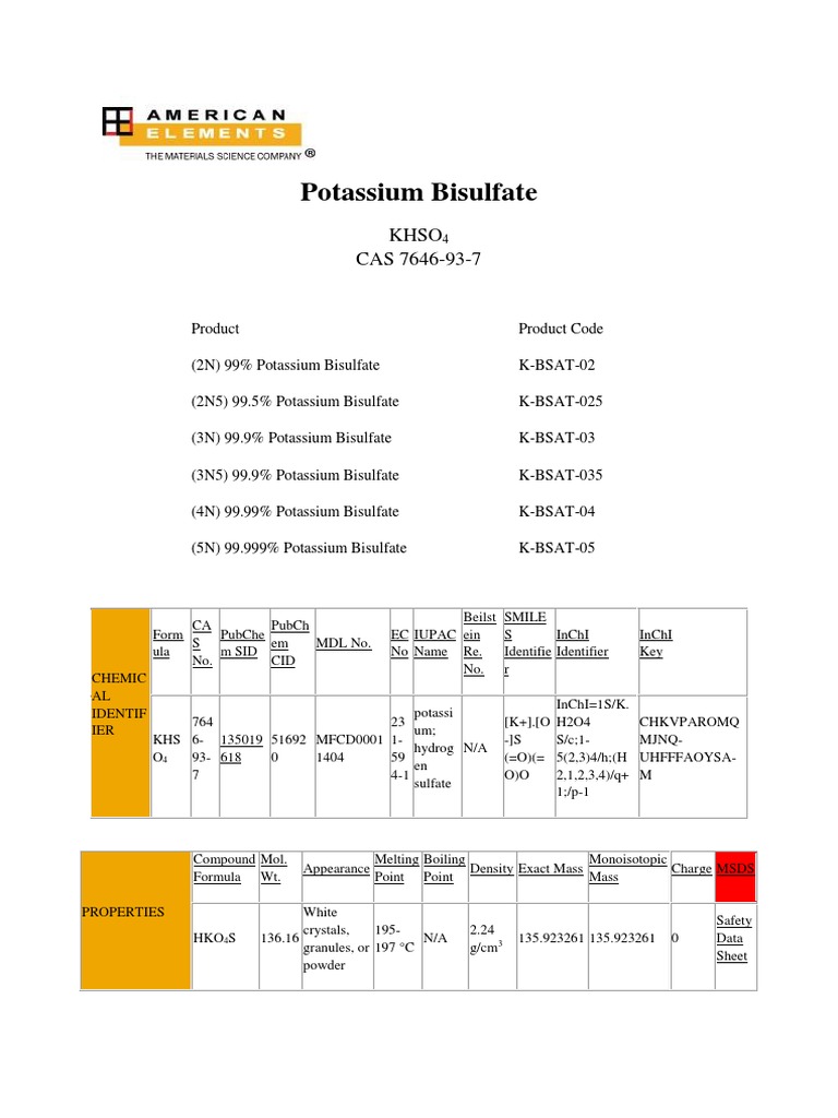 Msds Khso4 | PDF | Potassium | Diet & Nutrition