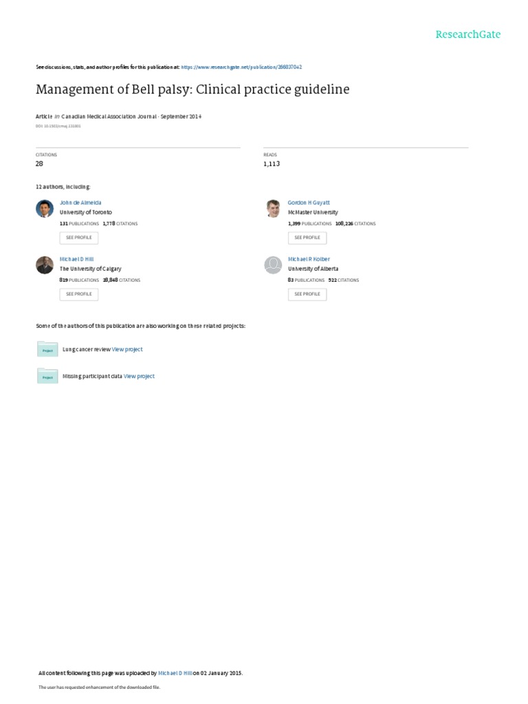 Management of Bell Palsy: Clinical Practice Guideline: Canadian Medical Association Journal ...