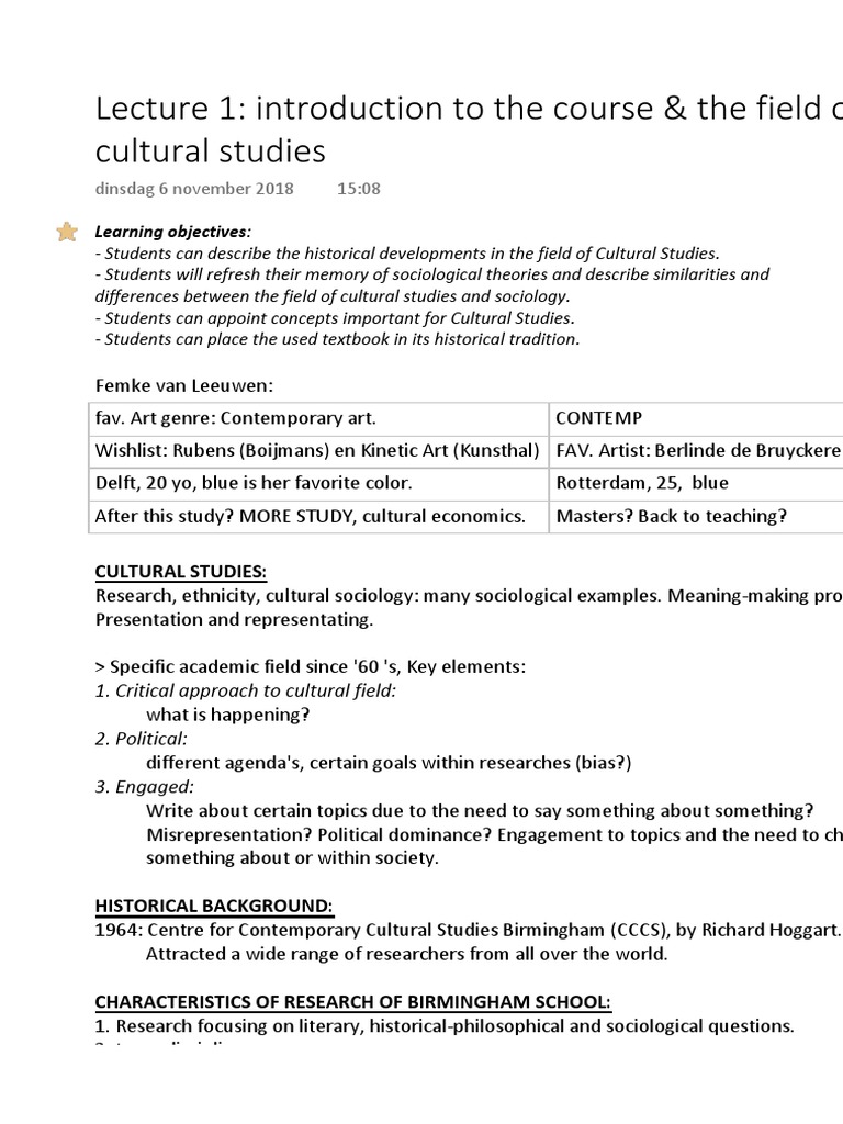 Lecture 1 Introduction To The Course & The Field of Cultural Studies ...