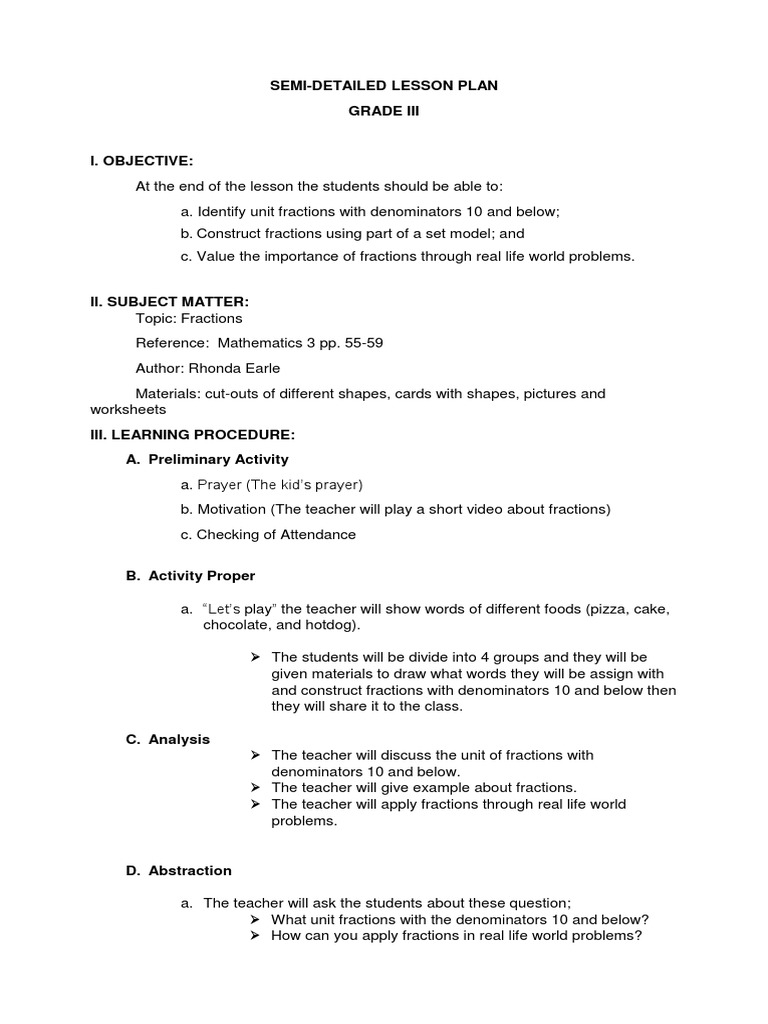 Grade III Lesson Plan on Fractions | PDF | Teaching Methods & Materials
