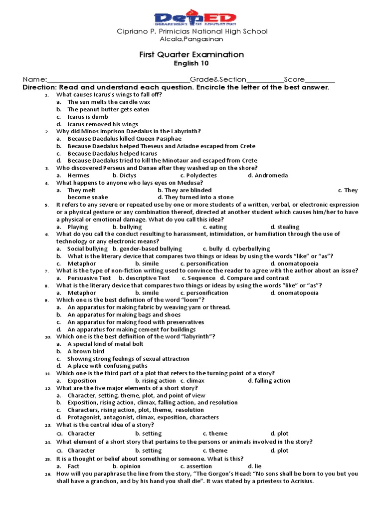 English 10 First Quarter Exam | PDF | Rodrigo Duterte