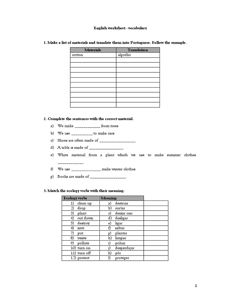 Ecology Vocabulary and Verbs Worksheet | PDF