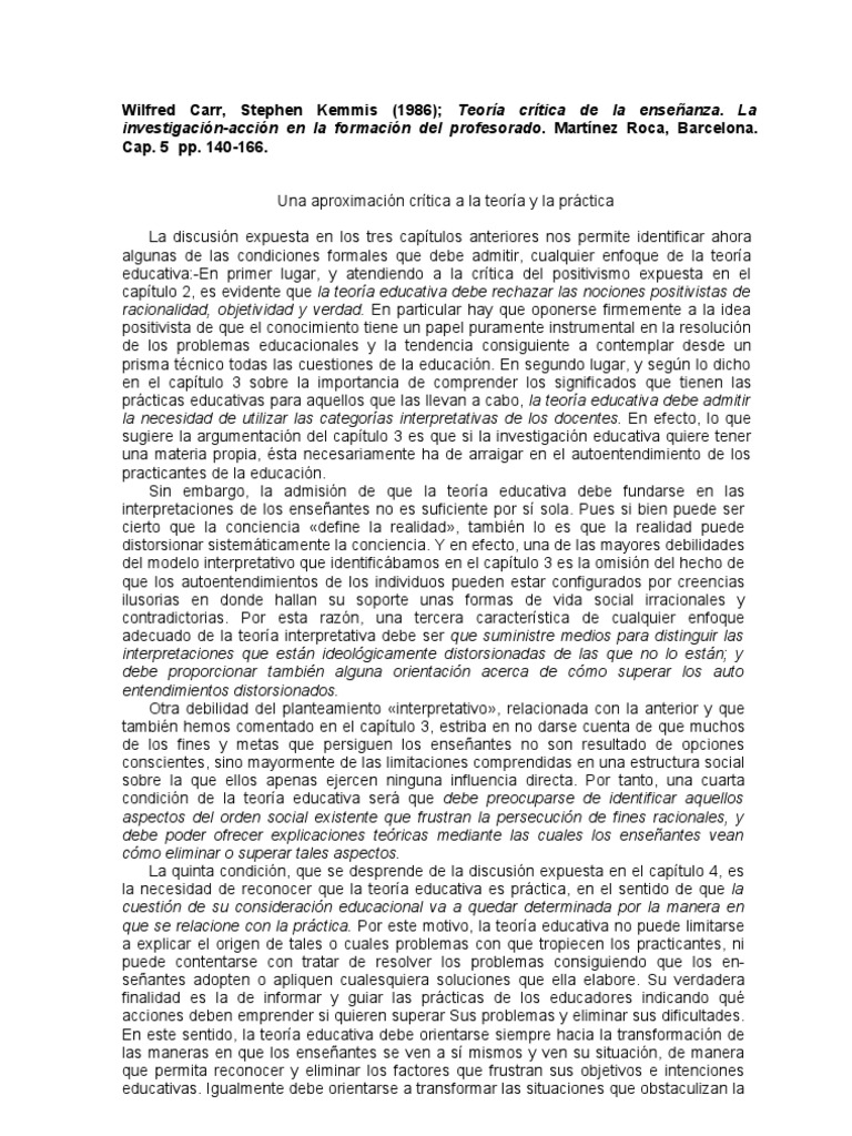 Carr Wilfred Y Kemmis Stephen Una Aproximación Crítica A La Teoría