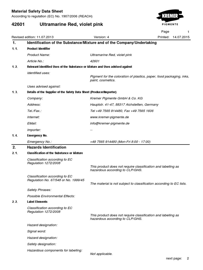 Ultramarine Red, Violet Pink: Material Safety Data Sheet | Download ...