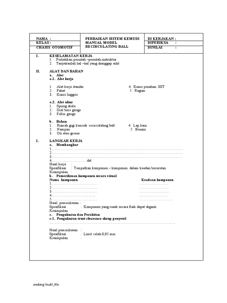 Jobsheet SMK TKR Sistem Kemudi | PDF