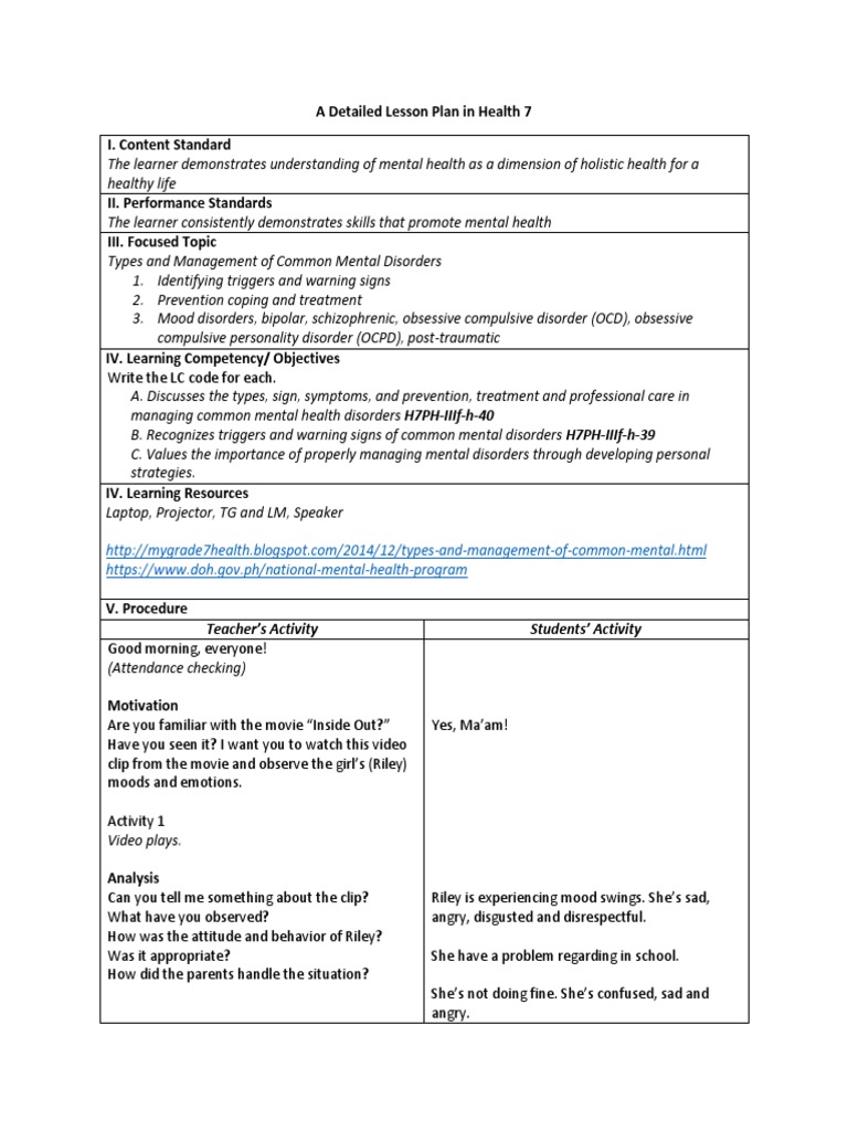 A Detailed Lesson Plan in Health 7 I. Content Standard: Teacher's ...