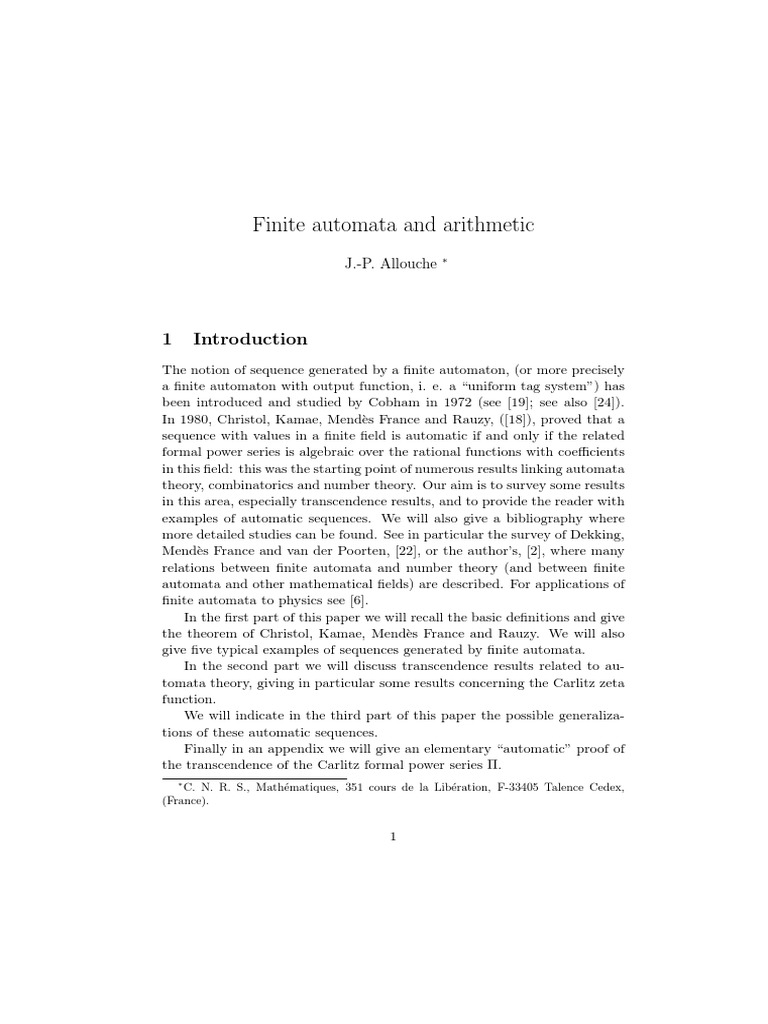 Finite Automata and Arithmetic: J.-P. Allouche | PDF | Field (Mathematics) | Sequence