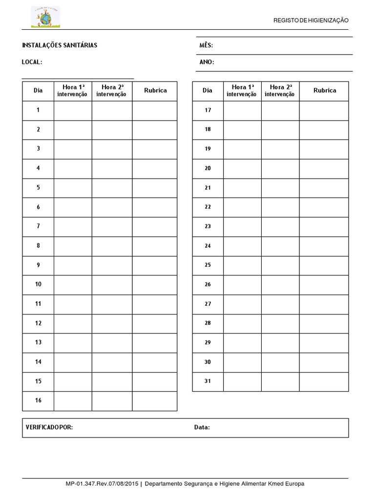 Registo de Higienização Mensal - WC 2x Dia | PDF