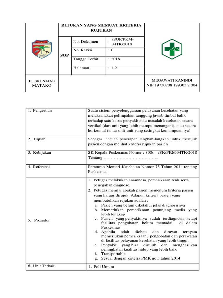 7.10.3.3 SOP Rujukan Yang Memuat Kriteria Rujukan | PDF