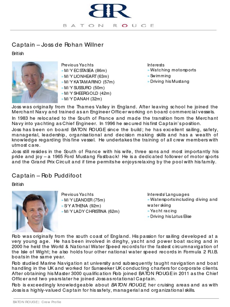 Crew Profiles of M/Y Baton Rouge | PDF | Restaurants | Monohull