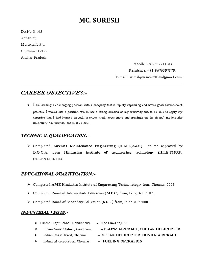 AME resume for Suresh MC | PDF | Aircraft | Engineering