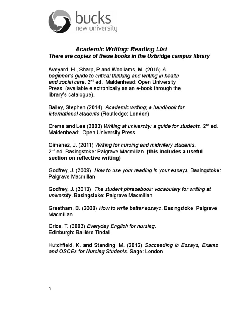 Academic Writing: Reading List: There Are Copies of These Books in The ...