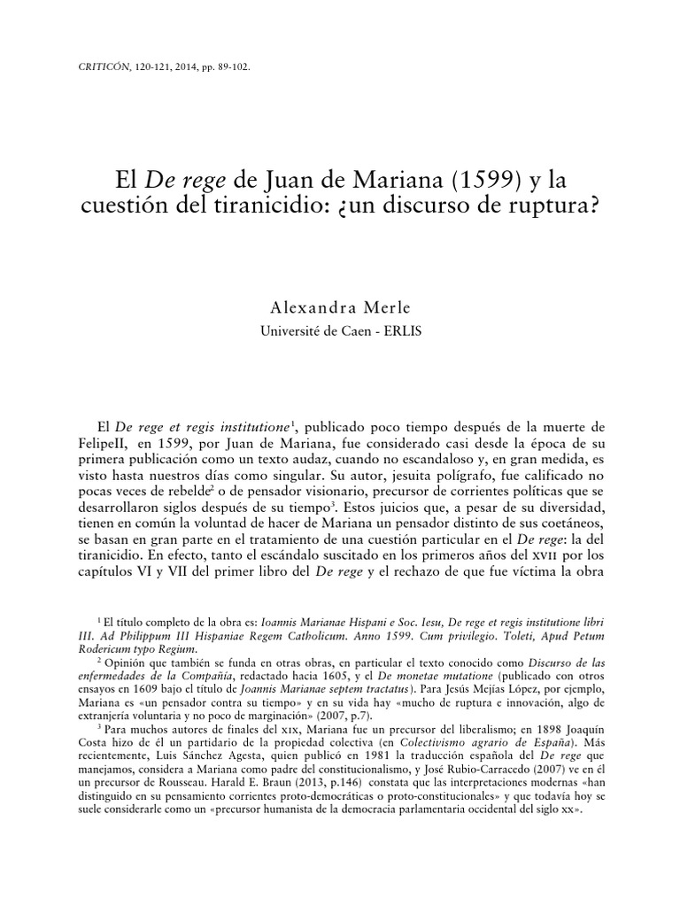 El de Rege de Juan de Mariana (1599) y La Cuestión Del Tiranicidio ¿Un ...