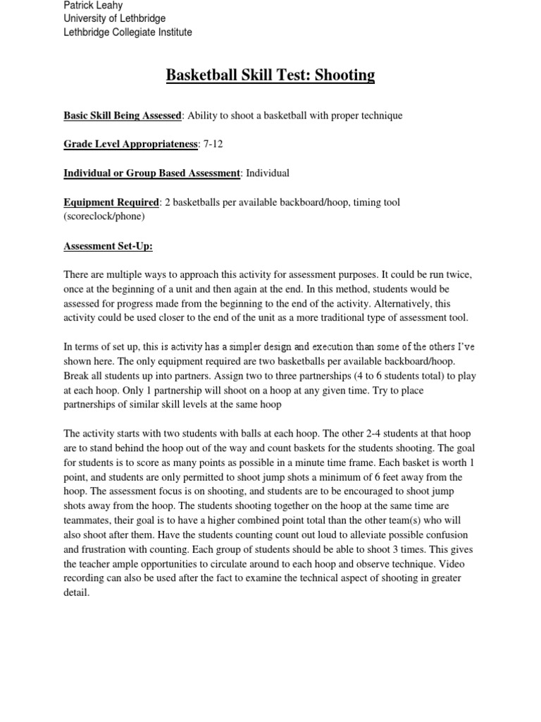 Basketball Skill Test Shooting | PDF | Sports | Basketball