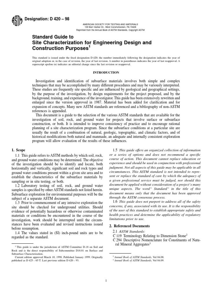 ASTM D 420 - Standard Guide To Site Characterization For Engineering ...
