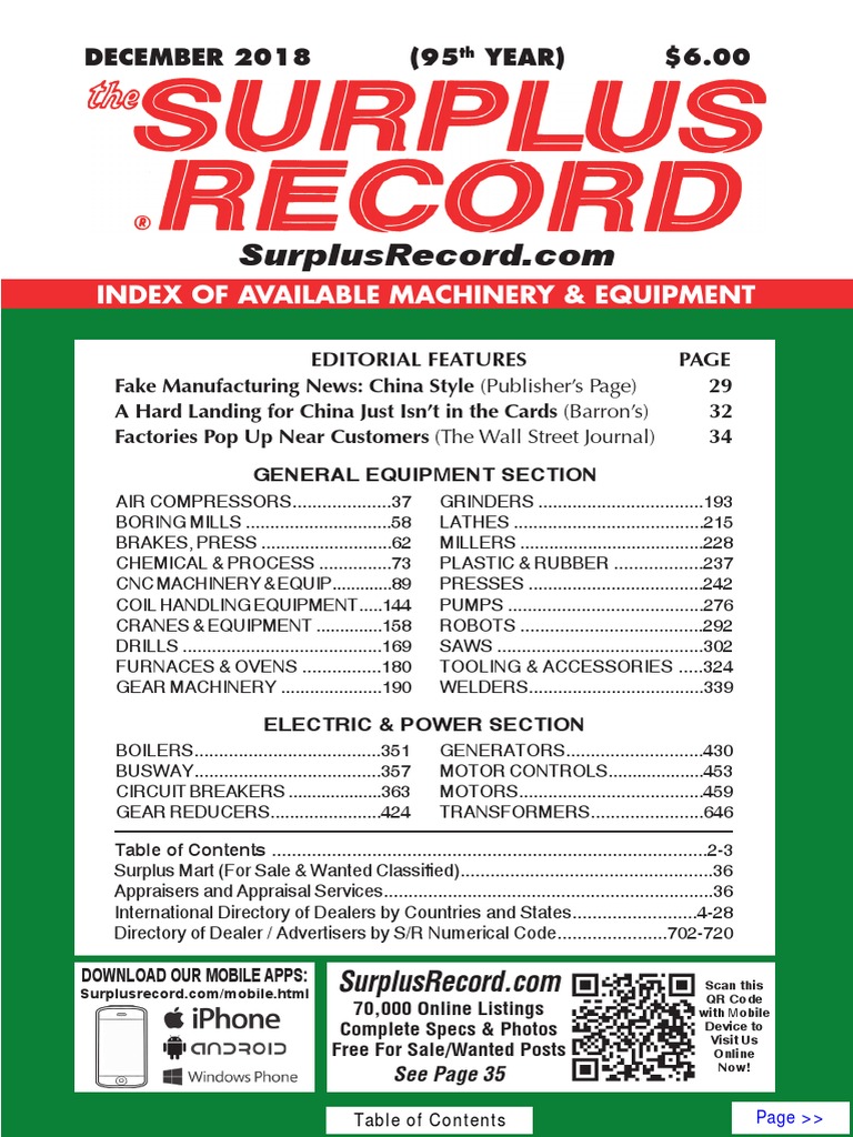 DECEMBER 2018 Surplus Record Machinery & Equipment Directory | PDF ...
