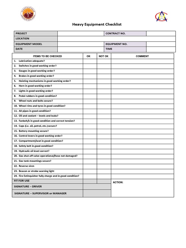 Heavy Equipment Safety Checklist | PDF