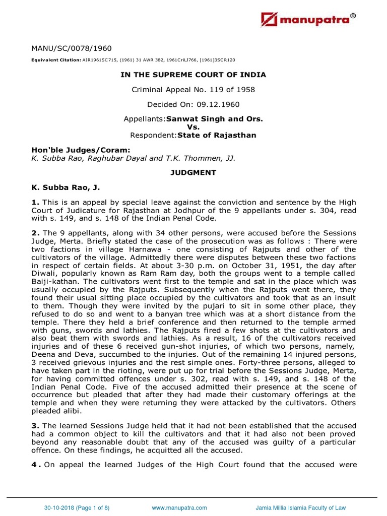 Sanwat Singh and Ors Vs State of Rajasthan 0912196s600078COM380323 | PDF | Acquittal | Judgment ...