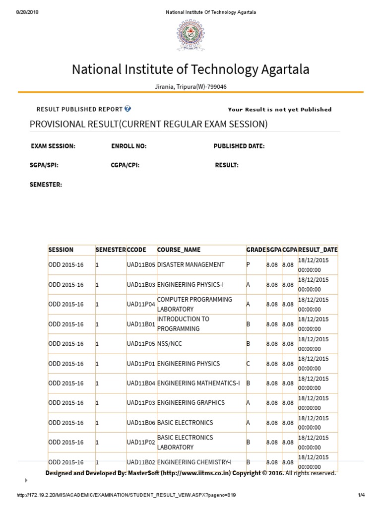 National Institute of Technology Agartala: Provisional Result (Current ...