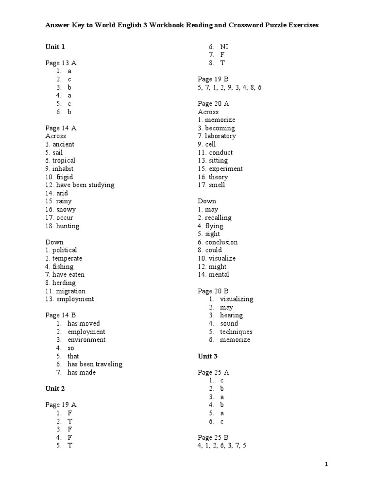 Answer Key To World English 3 Workbook Reading and Crossword Puzzle ...